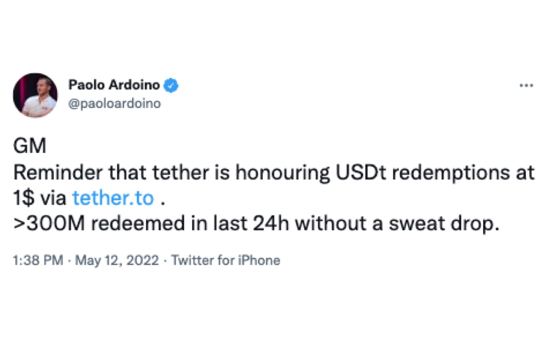 Tether CTO: Tether Is Processing Redemptions Normally