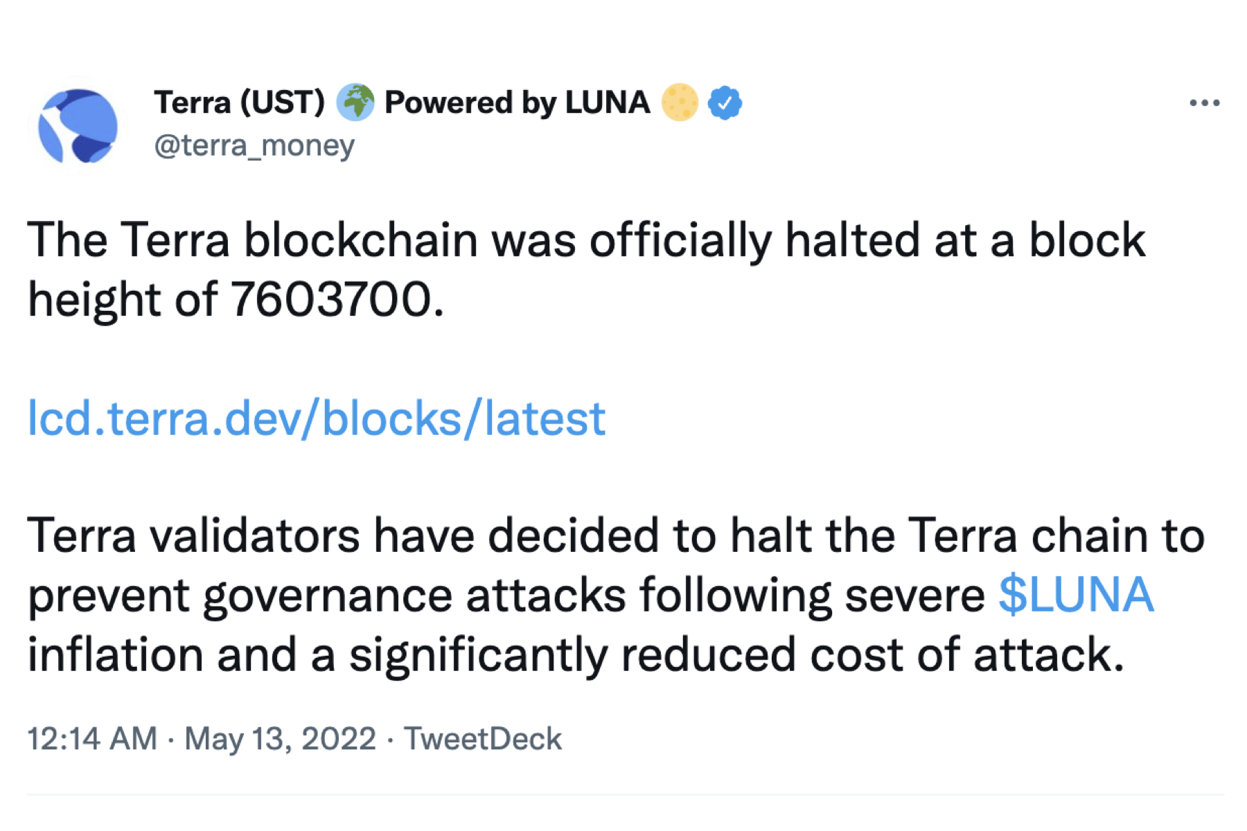 Terra Blockchain Is Officially Halted to Prevent Governance Attacks